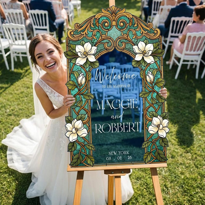 Cream Magnolias Wedding Welcome Sign, Green Stained Glass Wedding Signs ...
