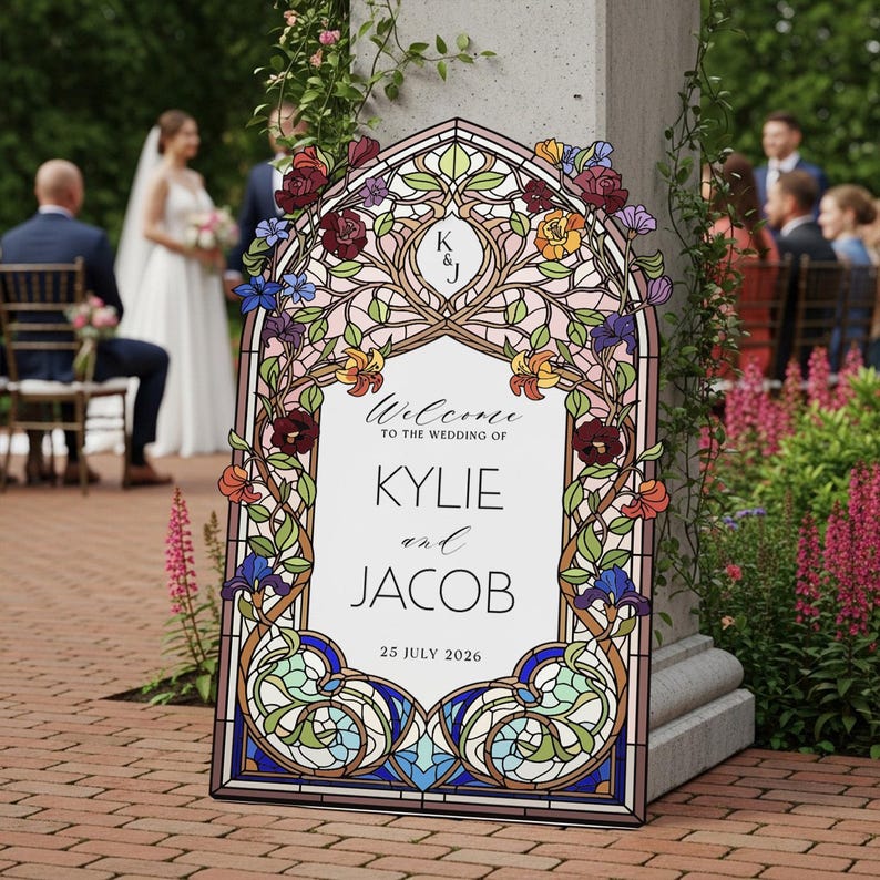 Wildflowers Stained Glass Wedding Sign, Mirror Wedding Welcome Sign ...