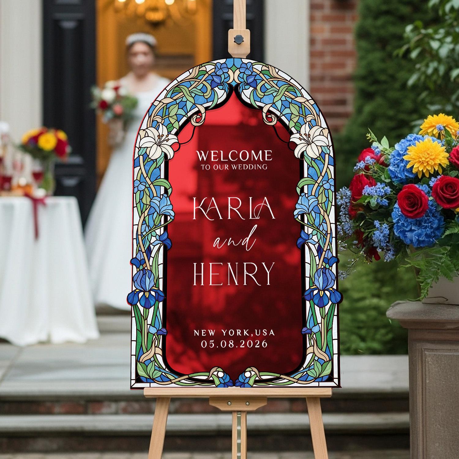 Stained Glass Wedding Sign, Arched Blue Mirror Wedding Welcome Sign ...