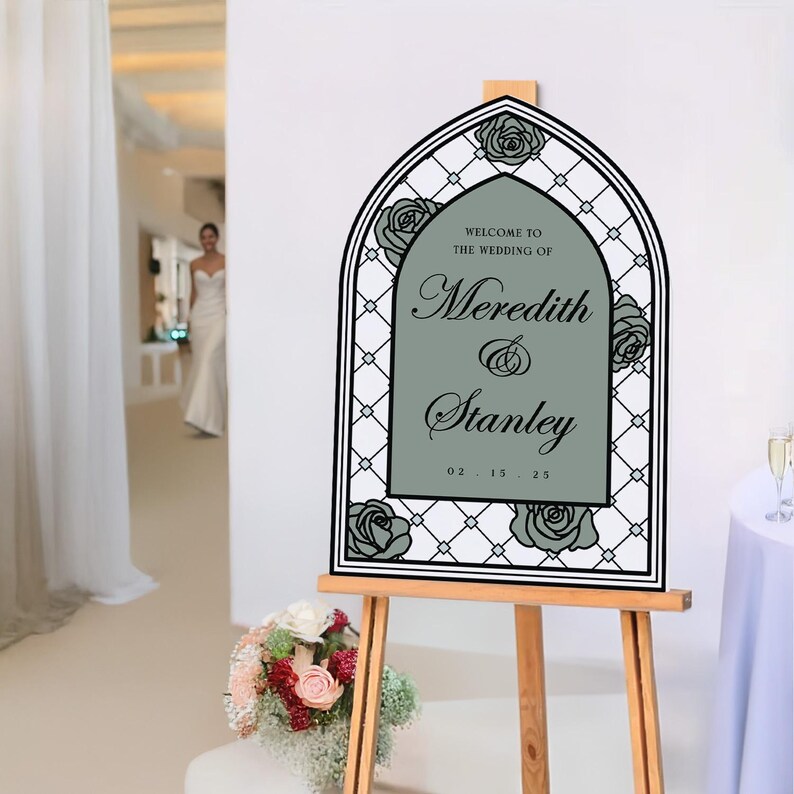 Custom Stained Glass Wedding Sign, Sage Floral Wedding Welcome Sign ...