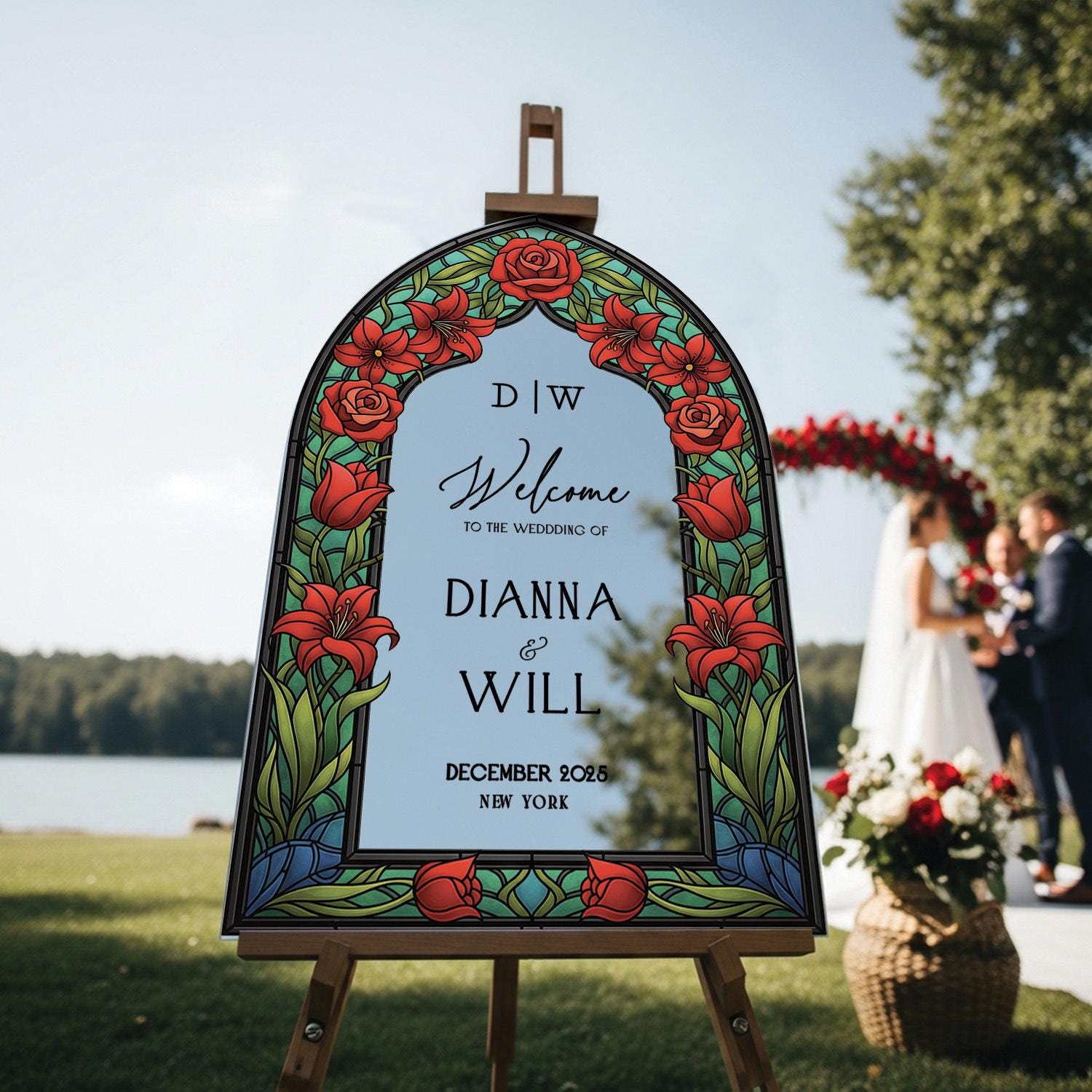 Red Floral Stained Glass Wedding Sign, Mirror Wedding Welcome Sign ...