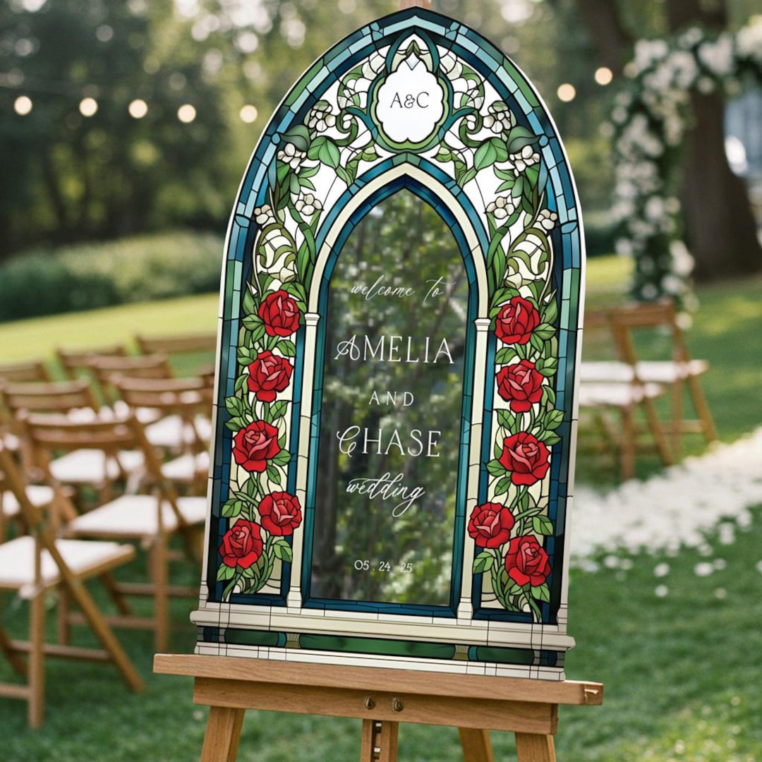 Stained Glass Wedding Welcome Sign, Red Roses Wedding Sign, Mirror or ...