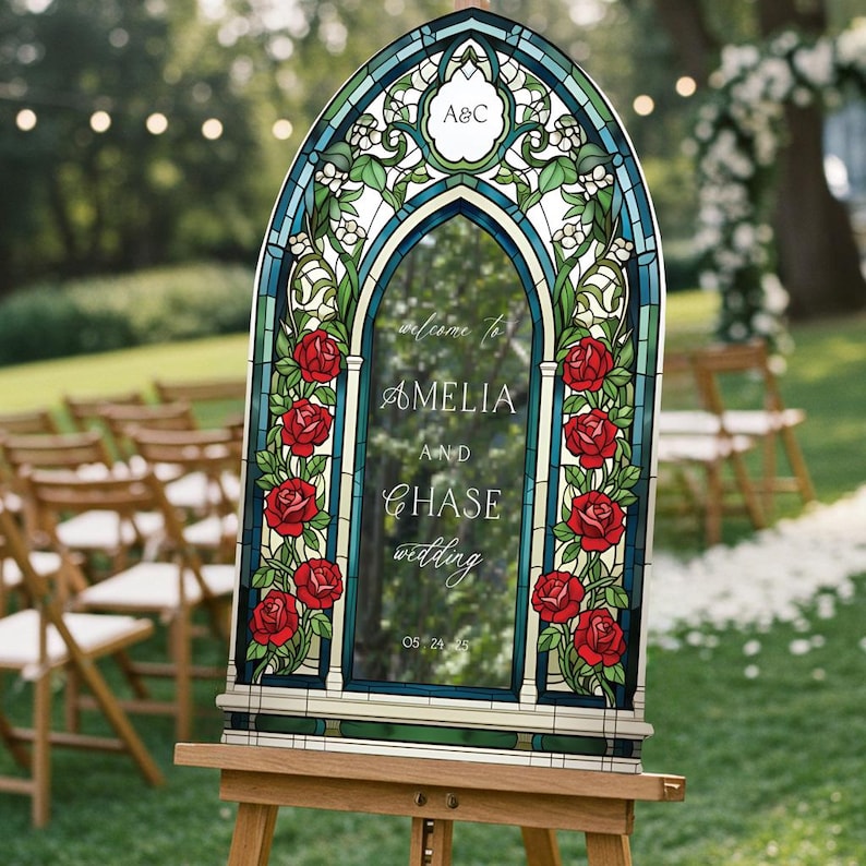 Stained Glass Wedding Welcome Sign, Red Roses Wedding Sign, Mirror or ...