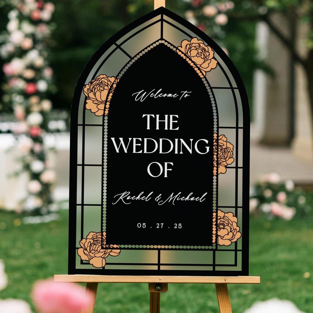 Red Roses Stained Glass Wedding Sign, Custom Black Wedding Welcome Signs, Floral Wedding ...
