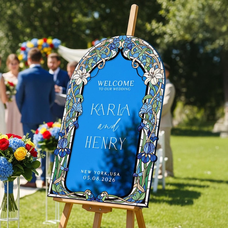 Stained Glass Wedding Sign, Arched Blue Mirror Wedding Welcome Sign ...