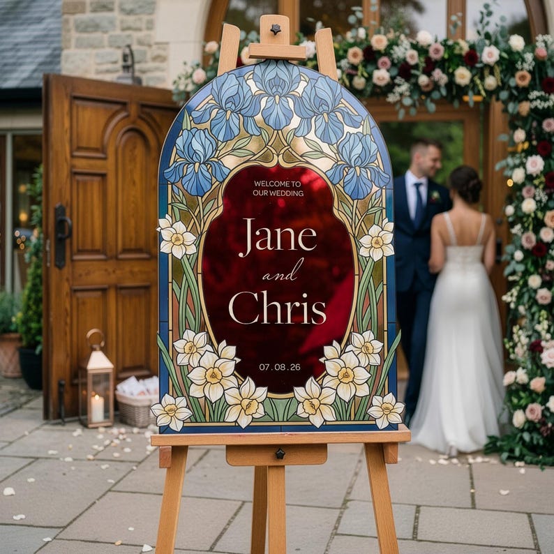 Floral Wedding Sign, Blue Iris Mirror Wedding Welcome Sign, Stained ...