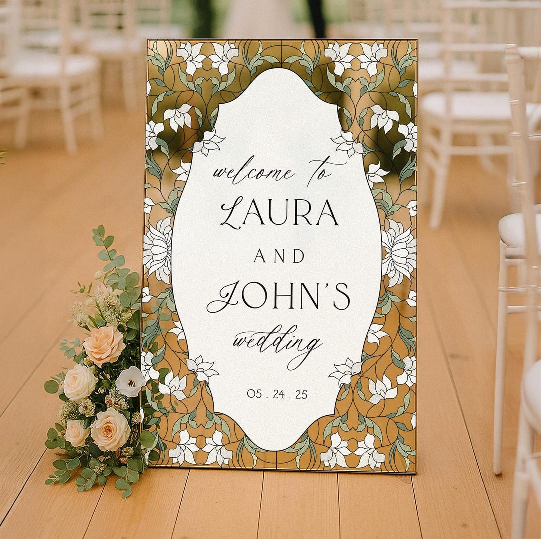 Stained Glass Wedding Sign, Cream Floral Wedding Welcome Sign, Mirror ...