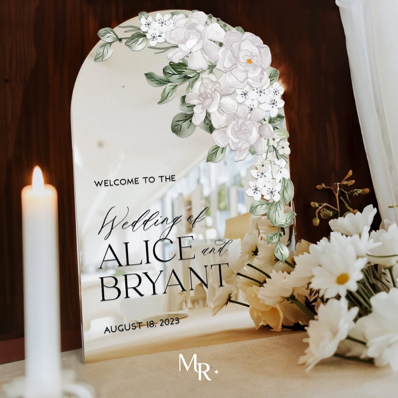 Wedding Welcome Sign, Mirror Wedding Sign, Floral Wedding Sign, Welcome ...