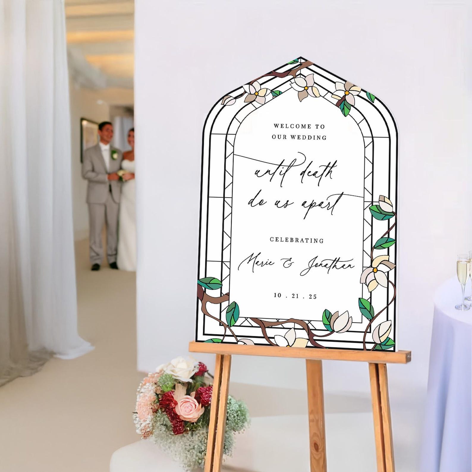Stained Glass Wedding Sign, Floral Welcome Sign With Stain Glass Style ...