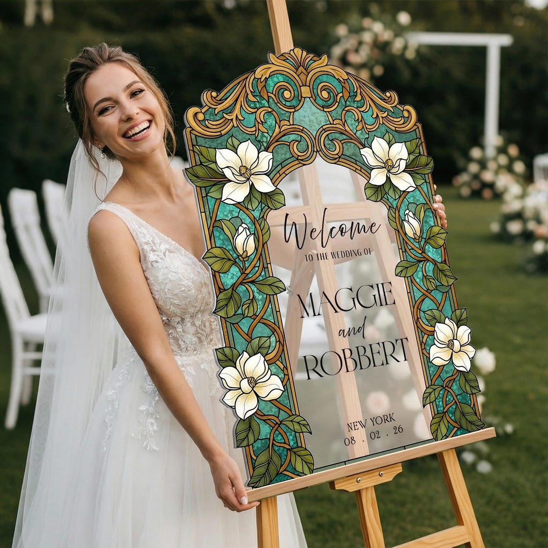 Cream Magnolias Wedding Welcome Sign, Green Stained Glass Wedding Signs ...