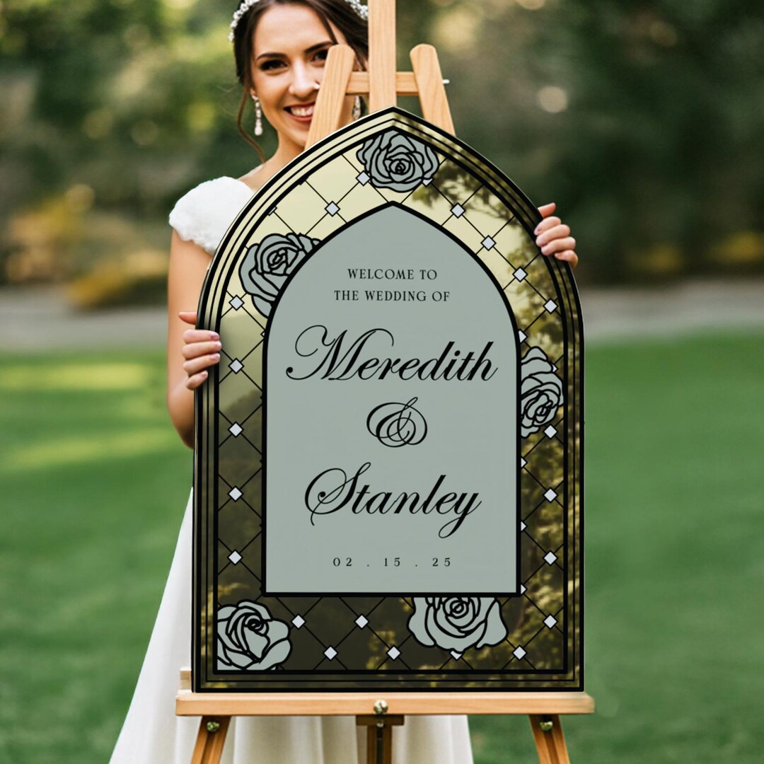 Custom Stained Glass Wedding Sign, Sage Floral Wedding Welcome Sign ...