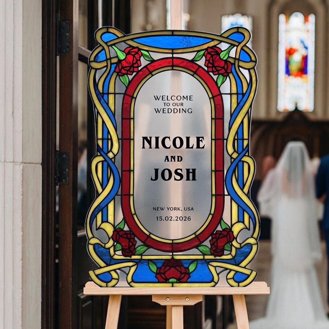 Floral Wedding Welcome Sign, Stained Glass Wedding Signs, Printed ...