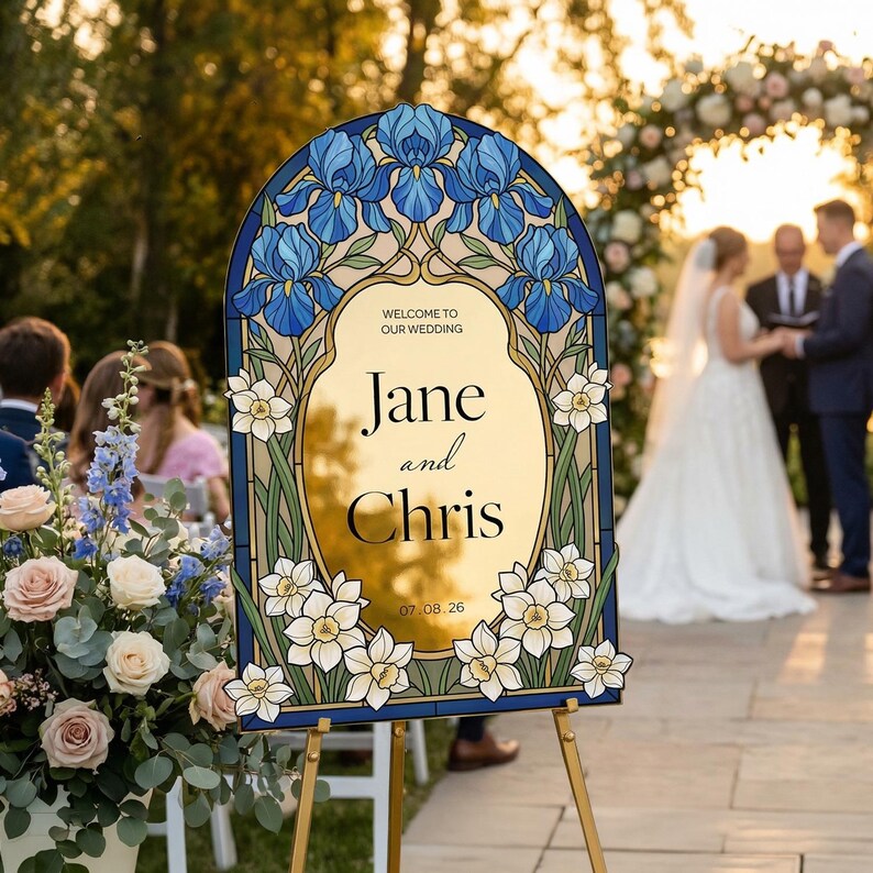 Floral Wedding Sign, Blue Iris Mirror Wedding Welcome Sign, Stained ...