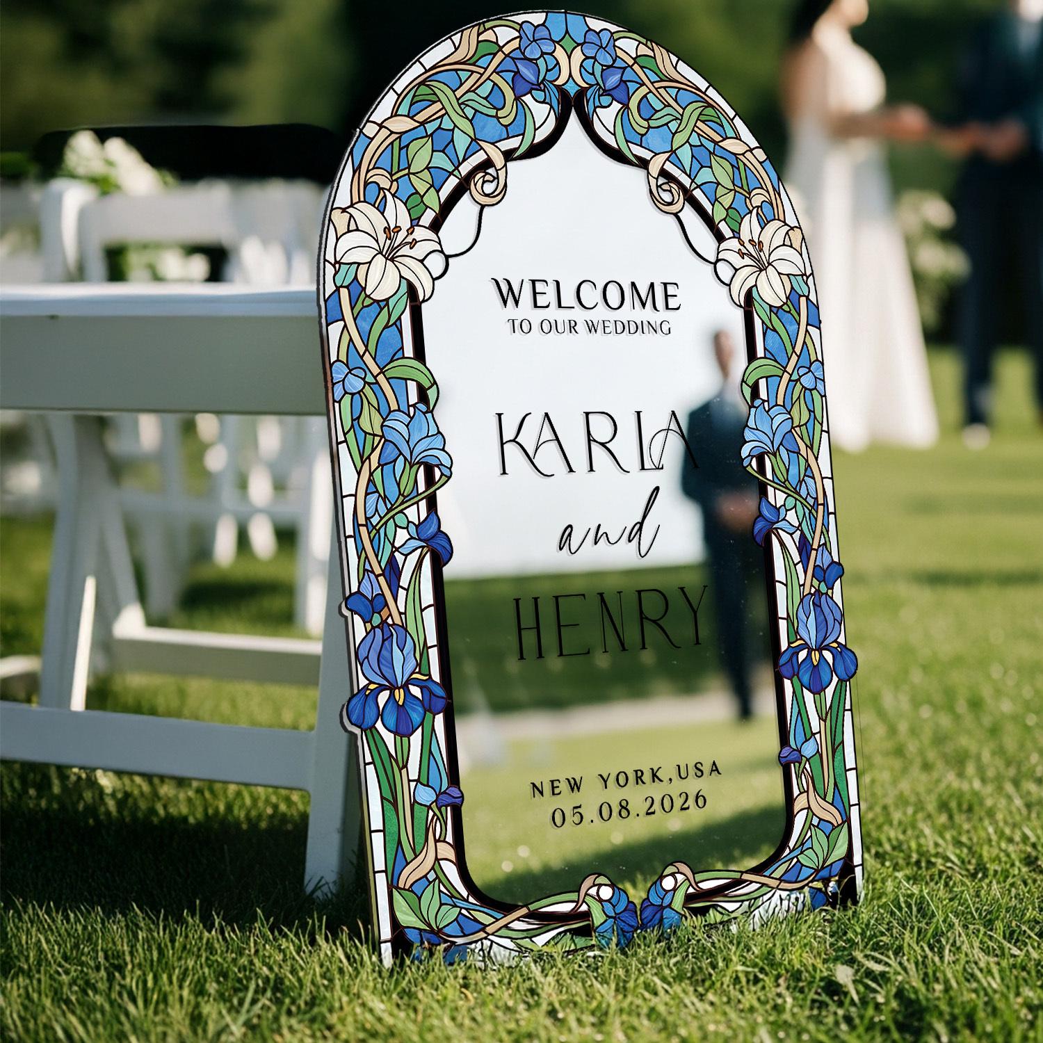 Stained Glass Wedding Sign, Arched Blue Mirror Wedding Welcome Sign ...