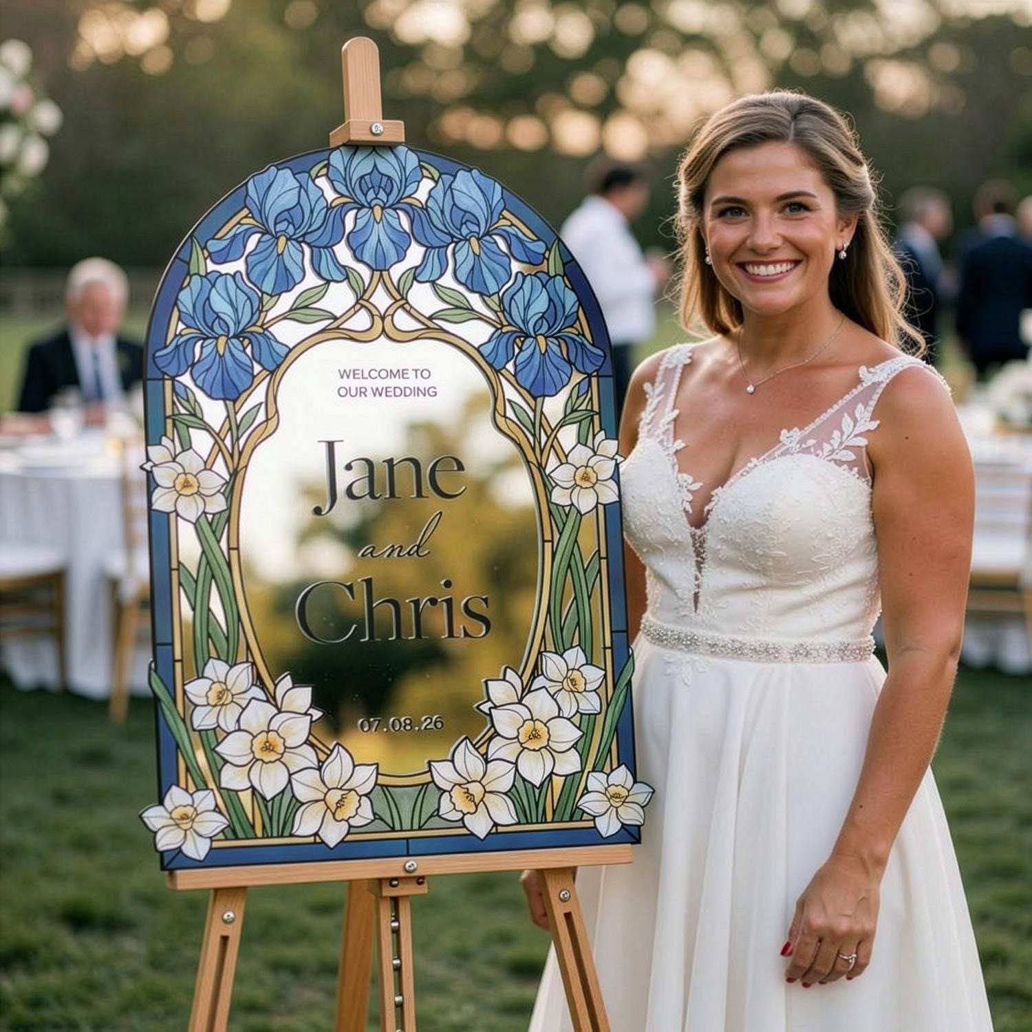 Floral Wedding Sign, Blue Iris Mirror Wedding Welcome Sign, Stained ...