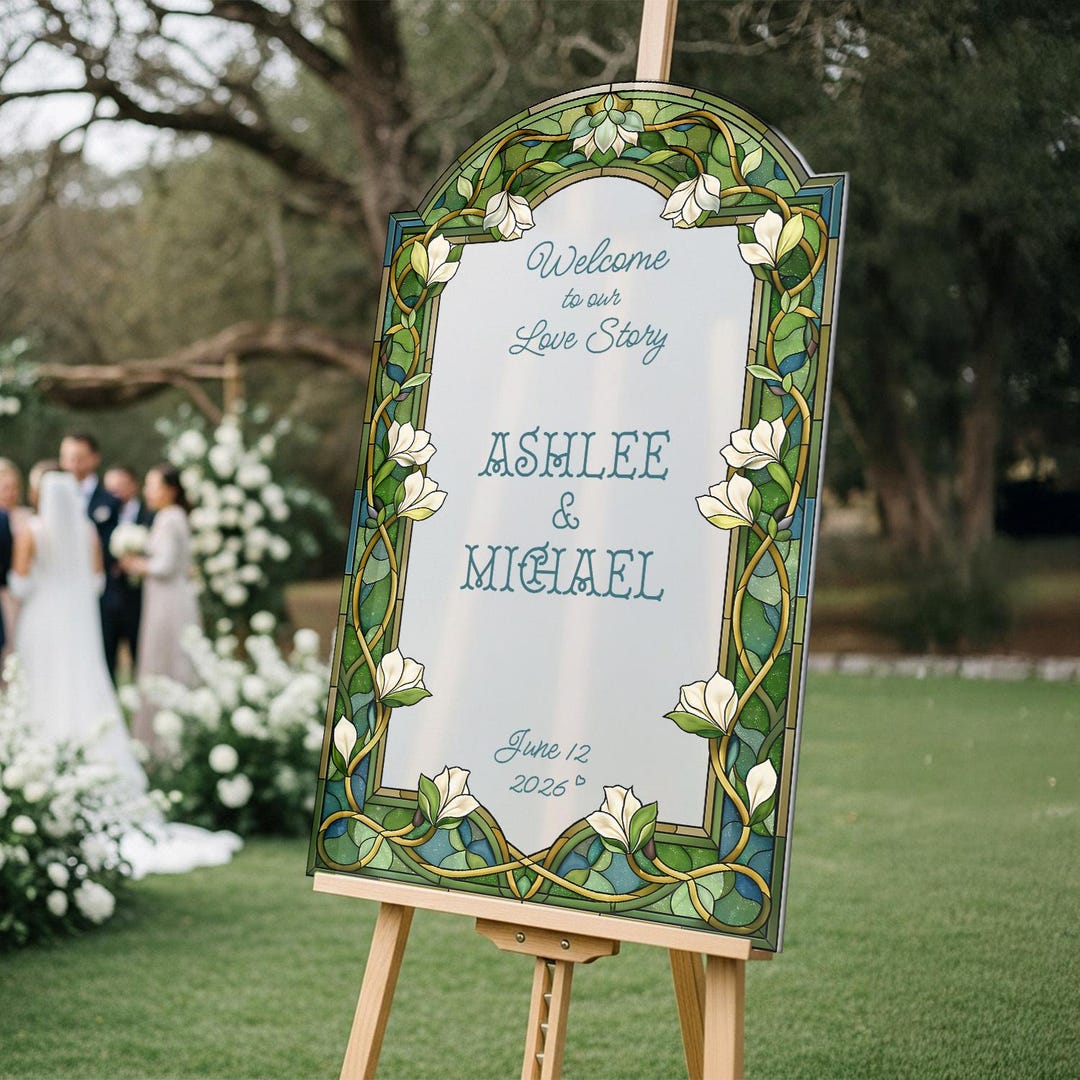 Floral Wedding Welcome Sign, Green Stained Glass Wedding Signs, Welcome ...
