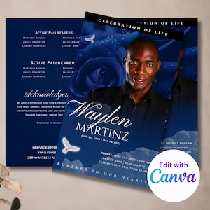 Enchanting Blue Rose Funeral Program for Man - Masculine Celebration of ...