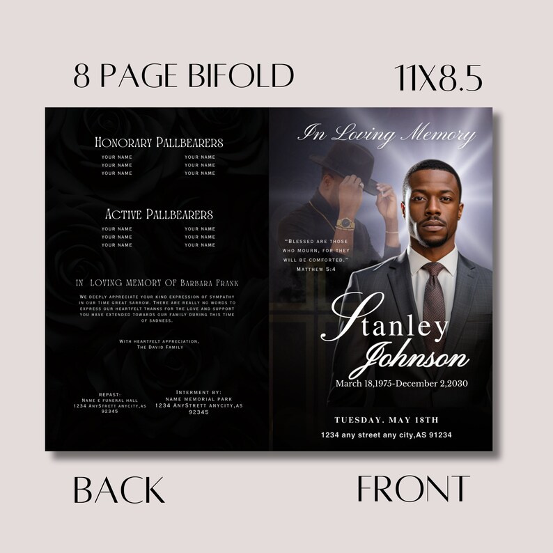 Masculine Funeral Program Booklet 11x8.5 Keepsake for Men Celebration ...