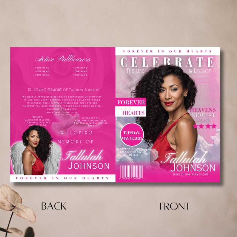 Personalized Pink Funeral Program Booklet 17x11 Mogul Magazine Style, 8 ...