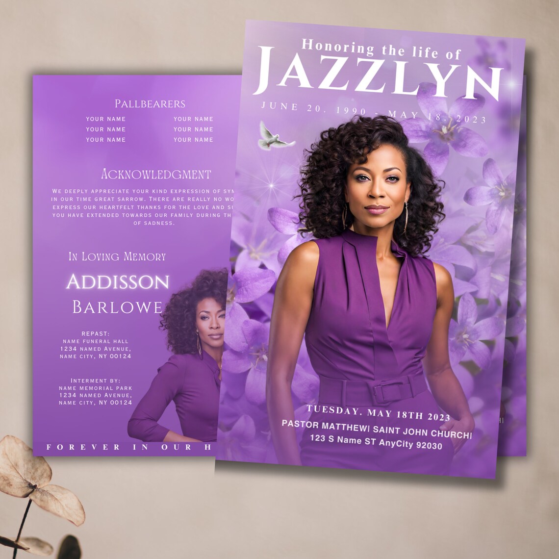 Obituary Program PURPLE Funeral Program Celebration of Life Keepsake ...
