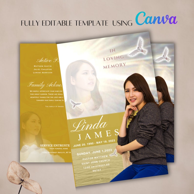Yellow Funeral Program Canva Template Personalized Memorial Keepsake 8 ...