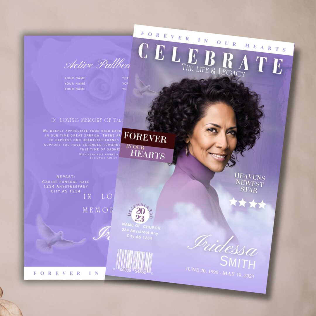 Purple Funeral Program Booklet, 11x8.5 Size, Mogul Magazine Style, 8 ...