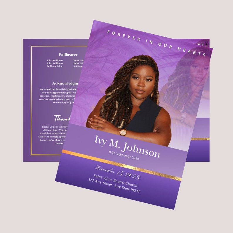 Purple Floral Funeral Program Template (11x17, Canva) - Etsy