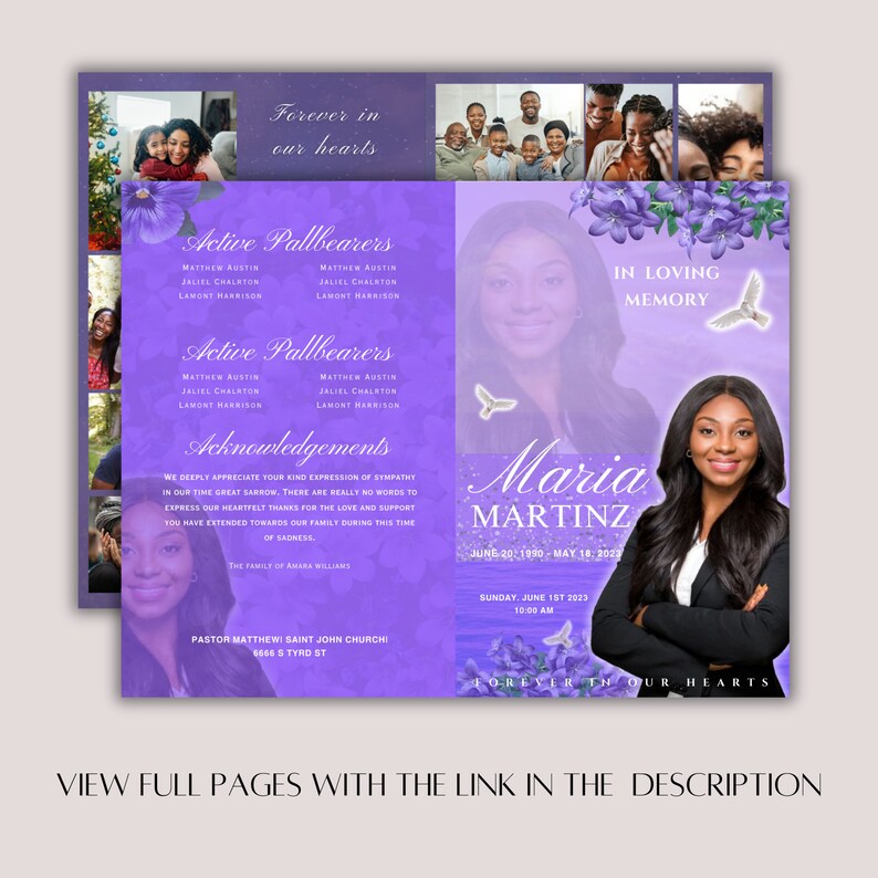 5.5x8.5 Bi-fold PURPLE Funeral Program Template Obituary Program ...