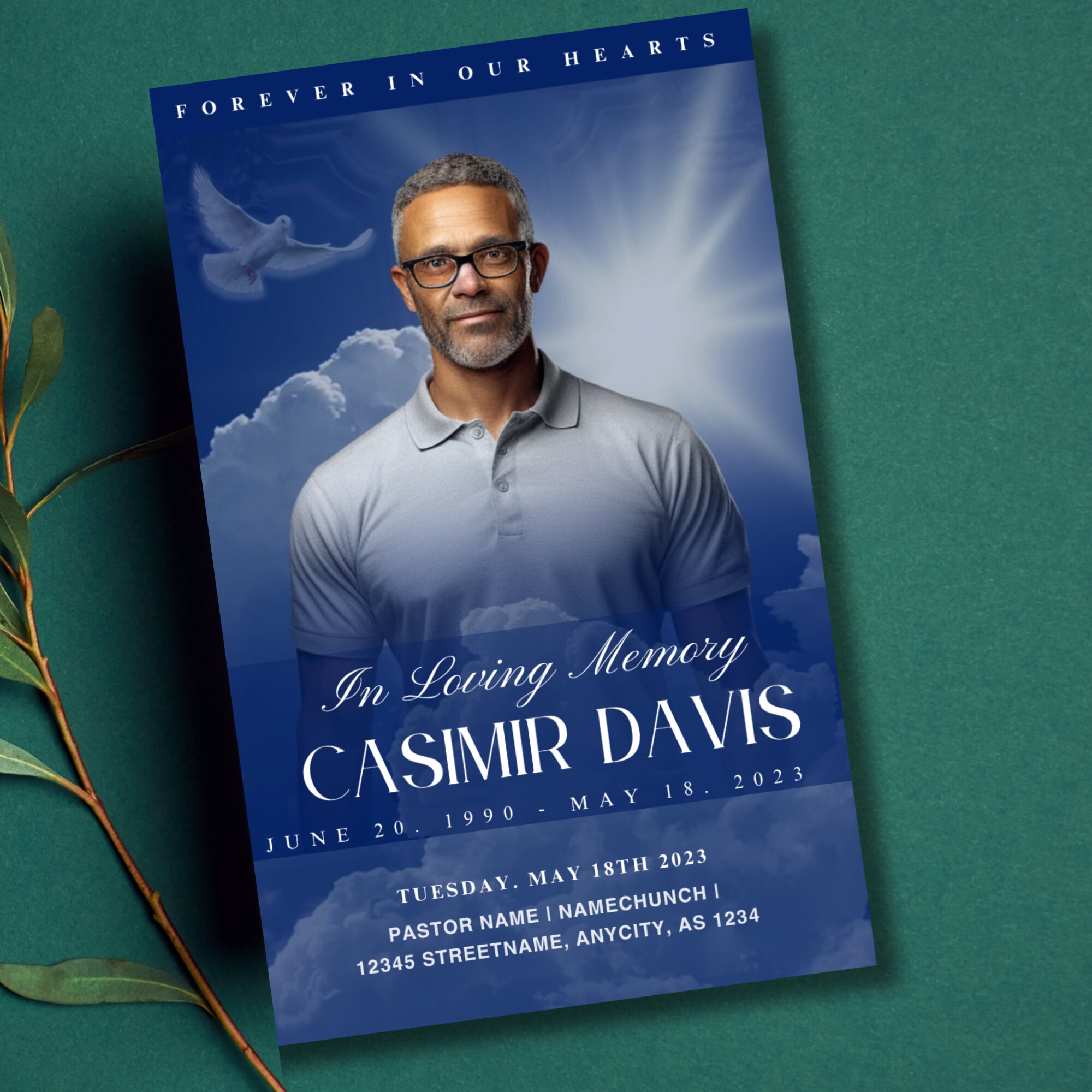 Blue Personalized Memorial Program 4 Pages Obituary Template Magazine ...