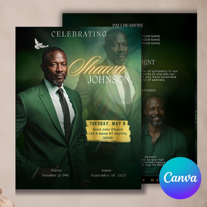 Green Memorial Program | Celebration of Life Template (digital Download ...