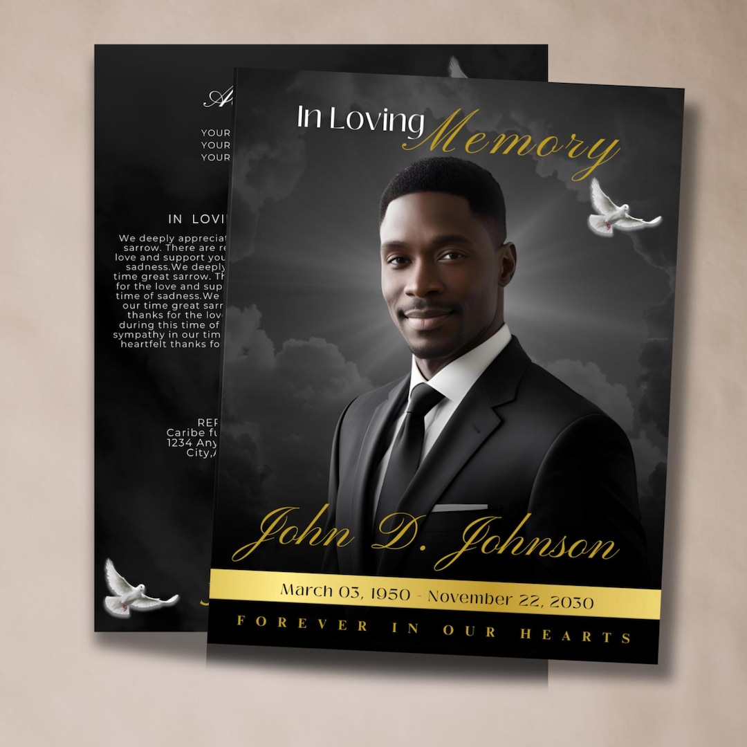 Elegant Black Funeral Program Template, 8-page Celebration of Life ...