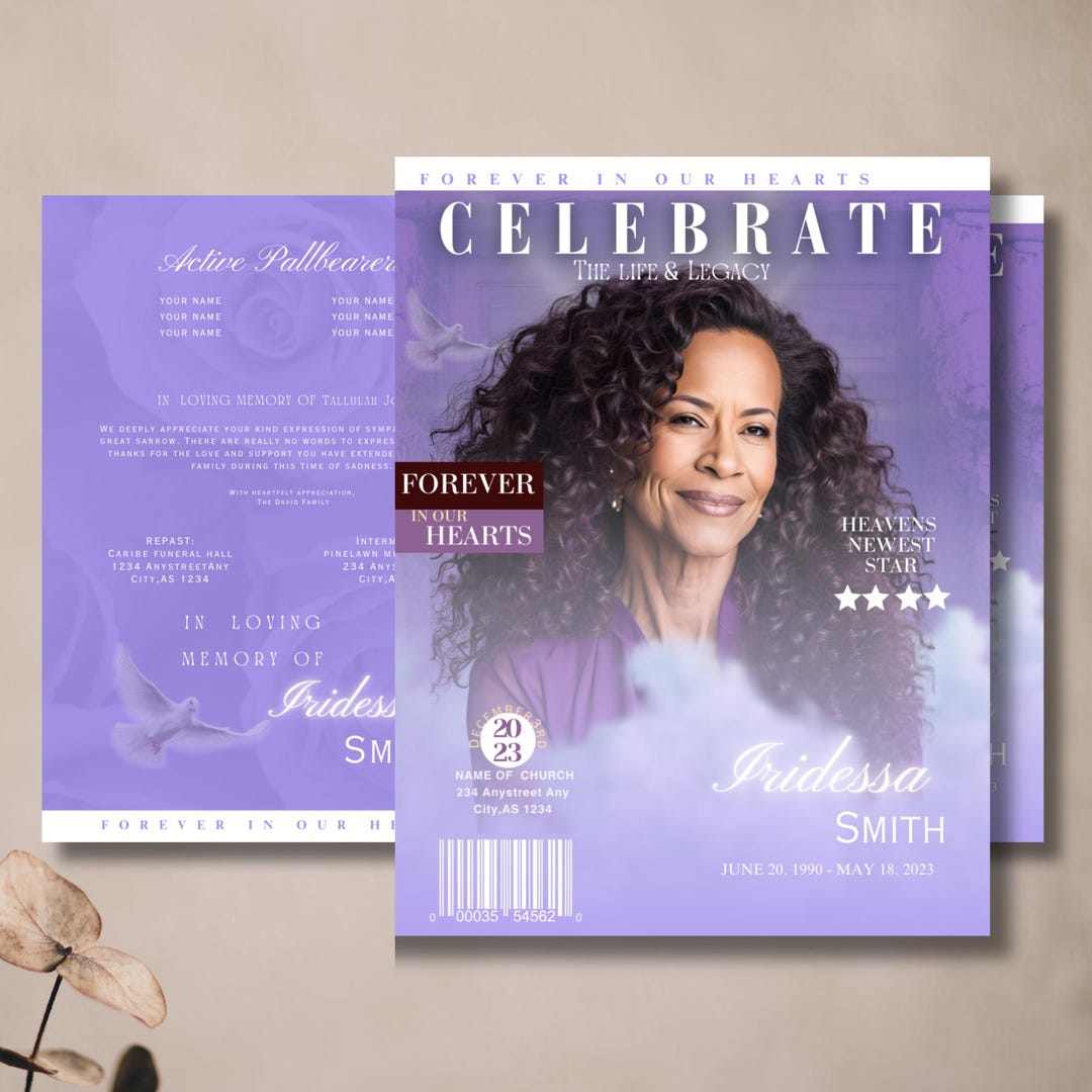 Purple Funeral Program Booklet, 17x11 Size, Mogul Magazine Style, 8 ...