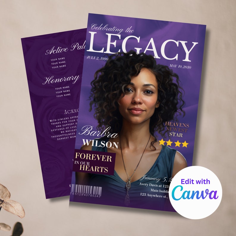 Classy Purple Funeral Program Vogue Magazine Cover Style 8 Pages ...