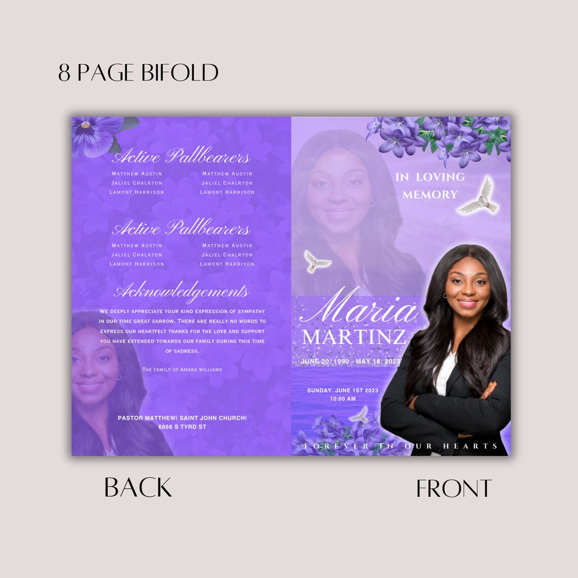 5.5x8.5 Bi-fold PURPLE Funeral Program Template Obituary Program ...