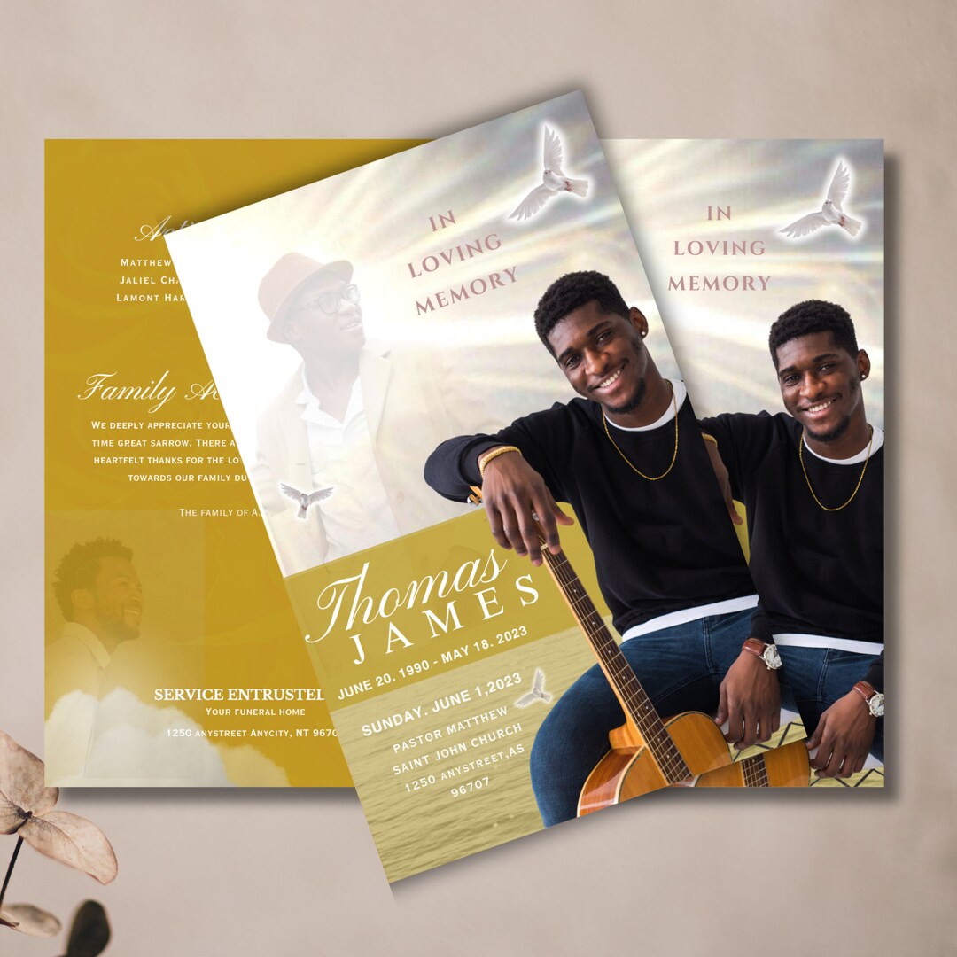 Yellow Funeral Program Canva Template - Personalized Memorial Program ...
