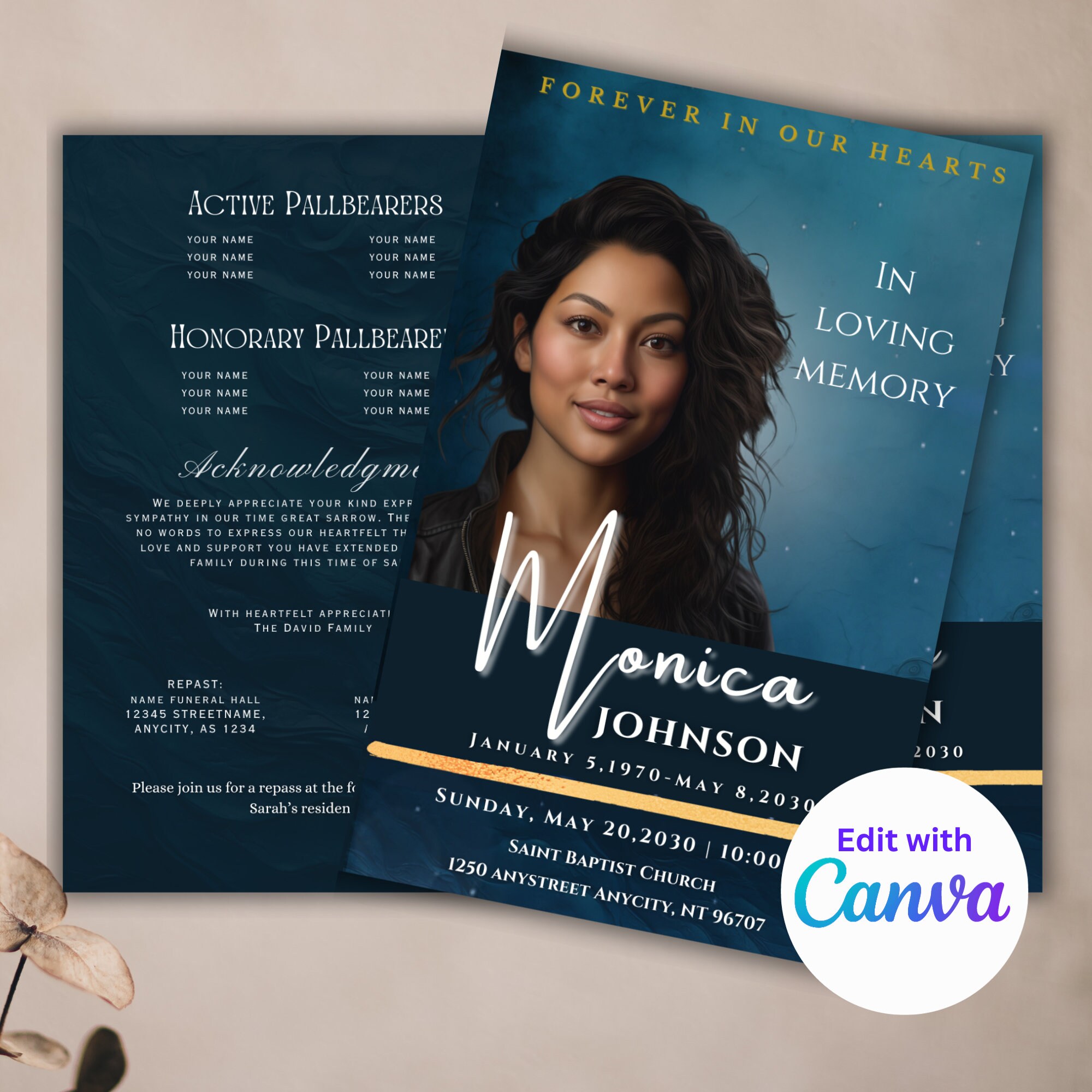 Elegant Blue Funeral Program 8-page Obituary Template Memorial Program ...