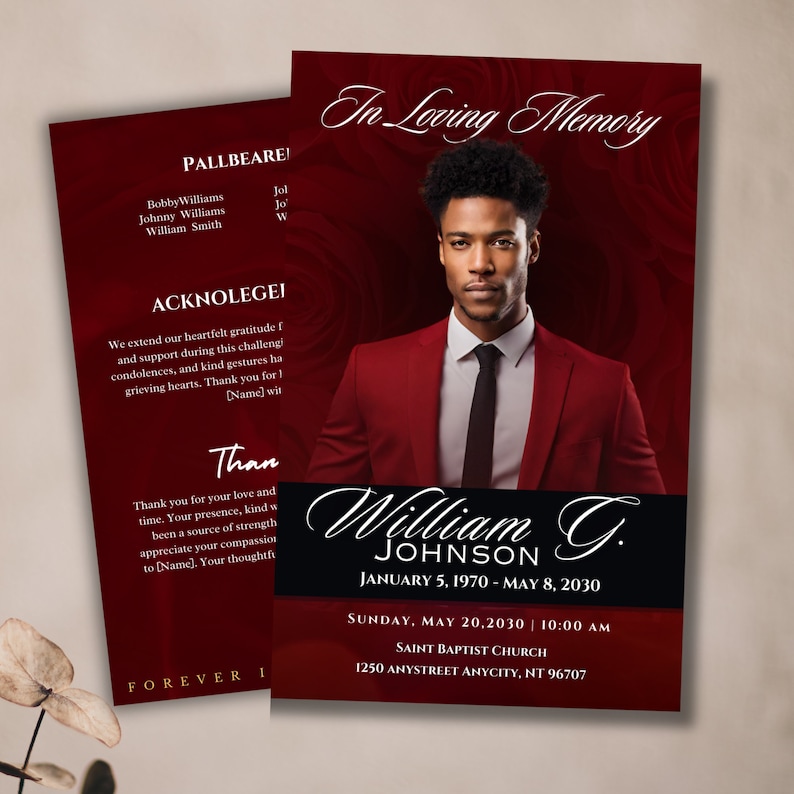 Masculine Funeral Program Template Red Rose Celebration of Life ...