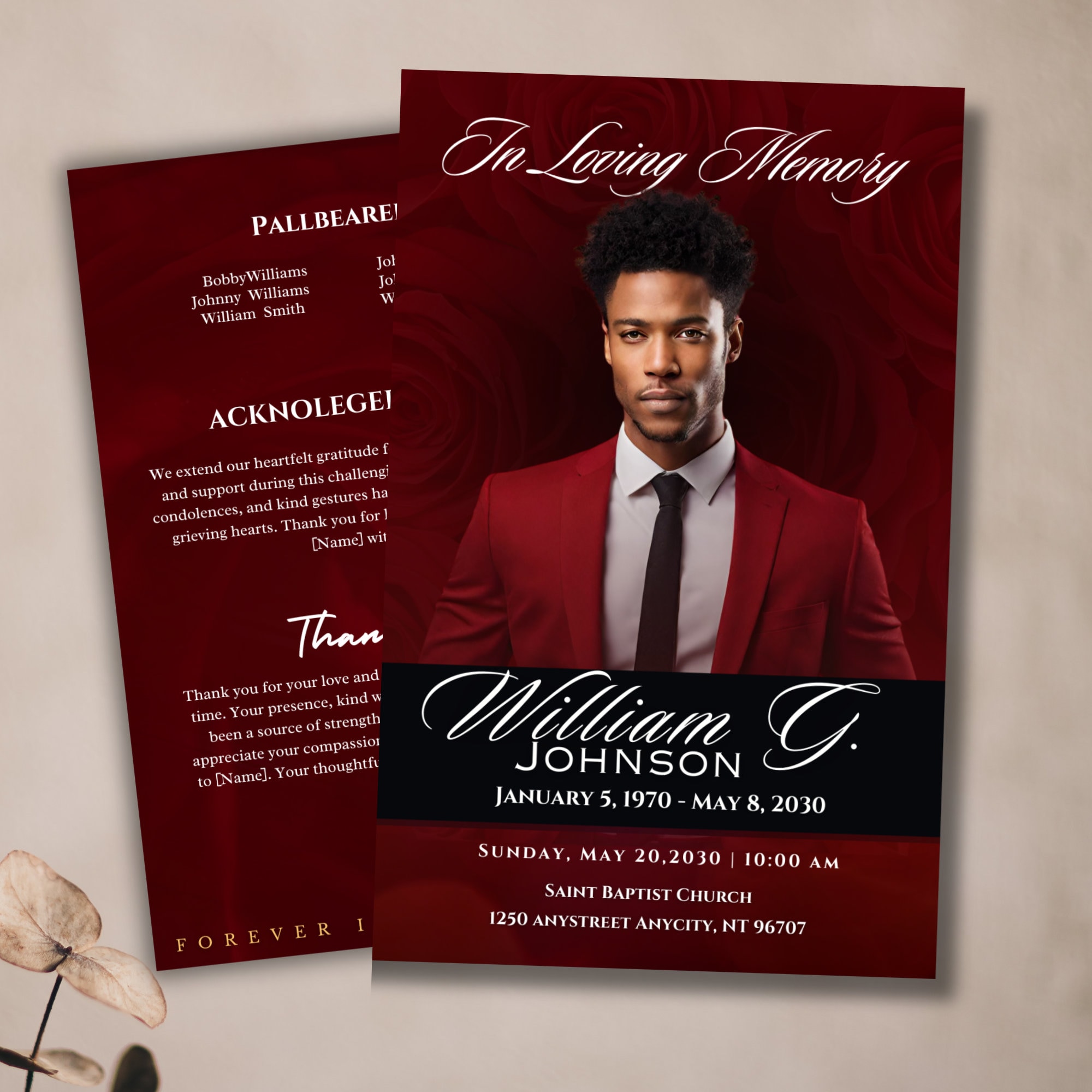 Masculine Funeral Program Template Red Rose Celebration of Life ...