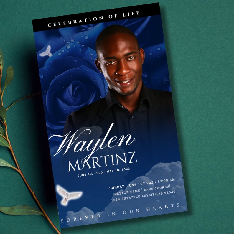 Enchanting Blue Rose Funeral Program for Man Masculine Celebration of ...