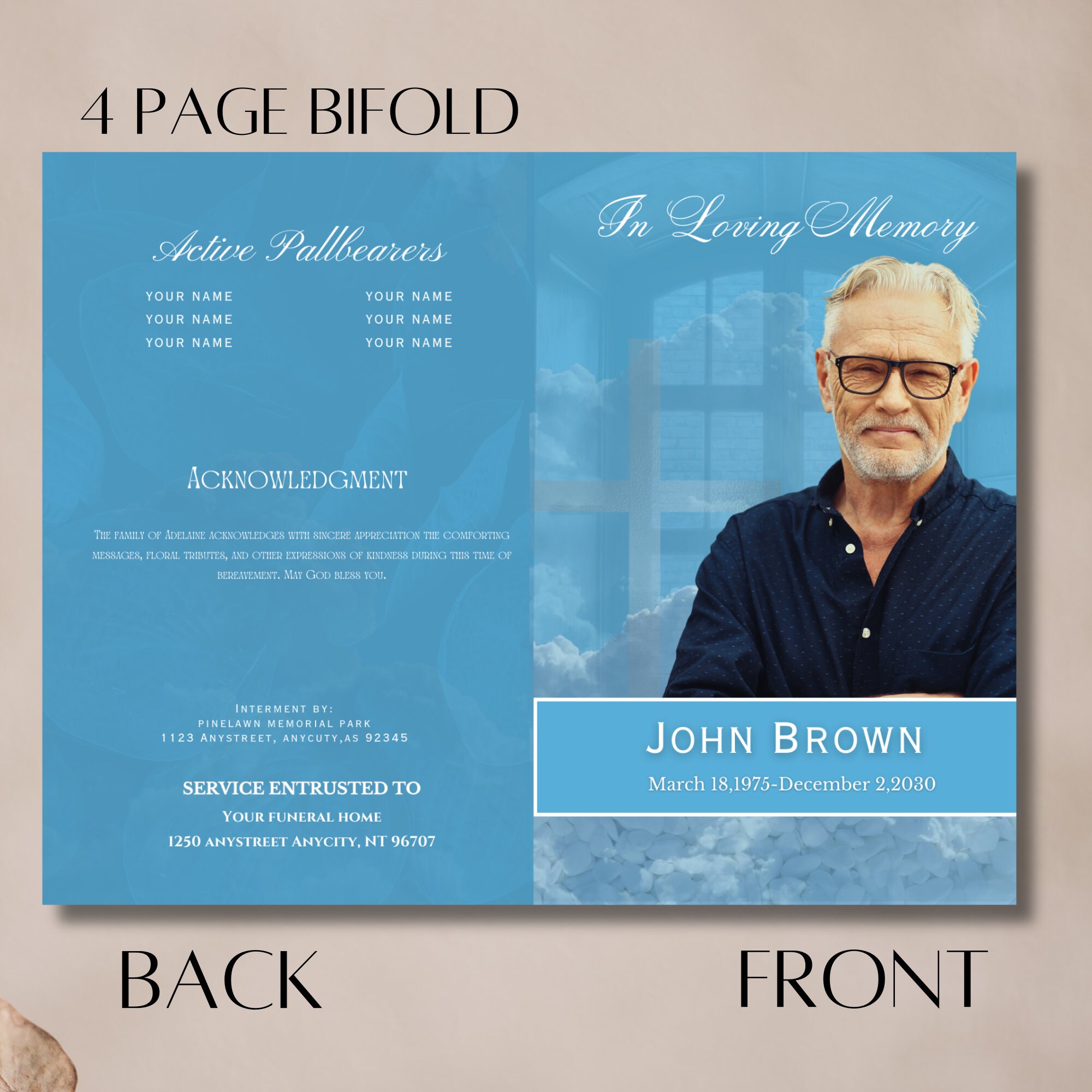 Blue Funeral Program Template | Celebration of Life, Obituary (canva ...