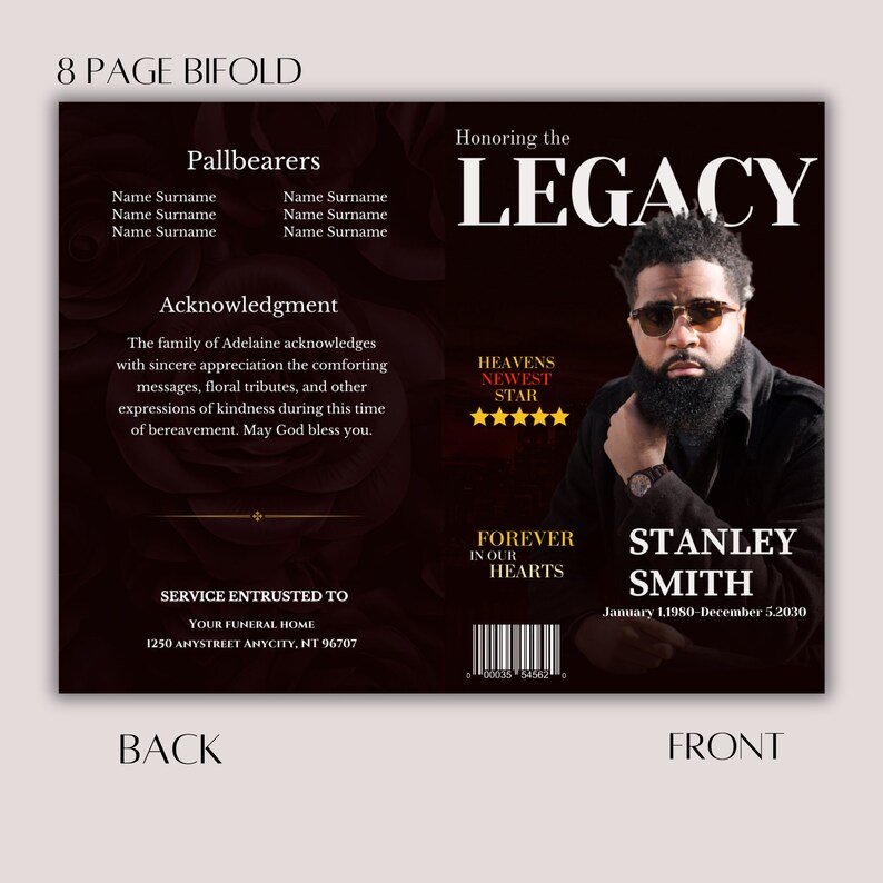 Funeral Program Template for Man | Magazine Cover (canva, 11x8.5) - Etsy