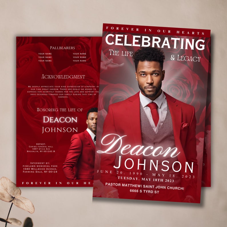 Personalized Red Funeral Program Booklet | Celebration of Life (digital ...