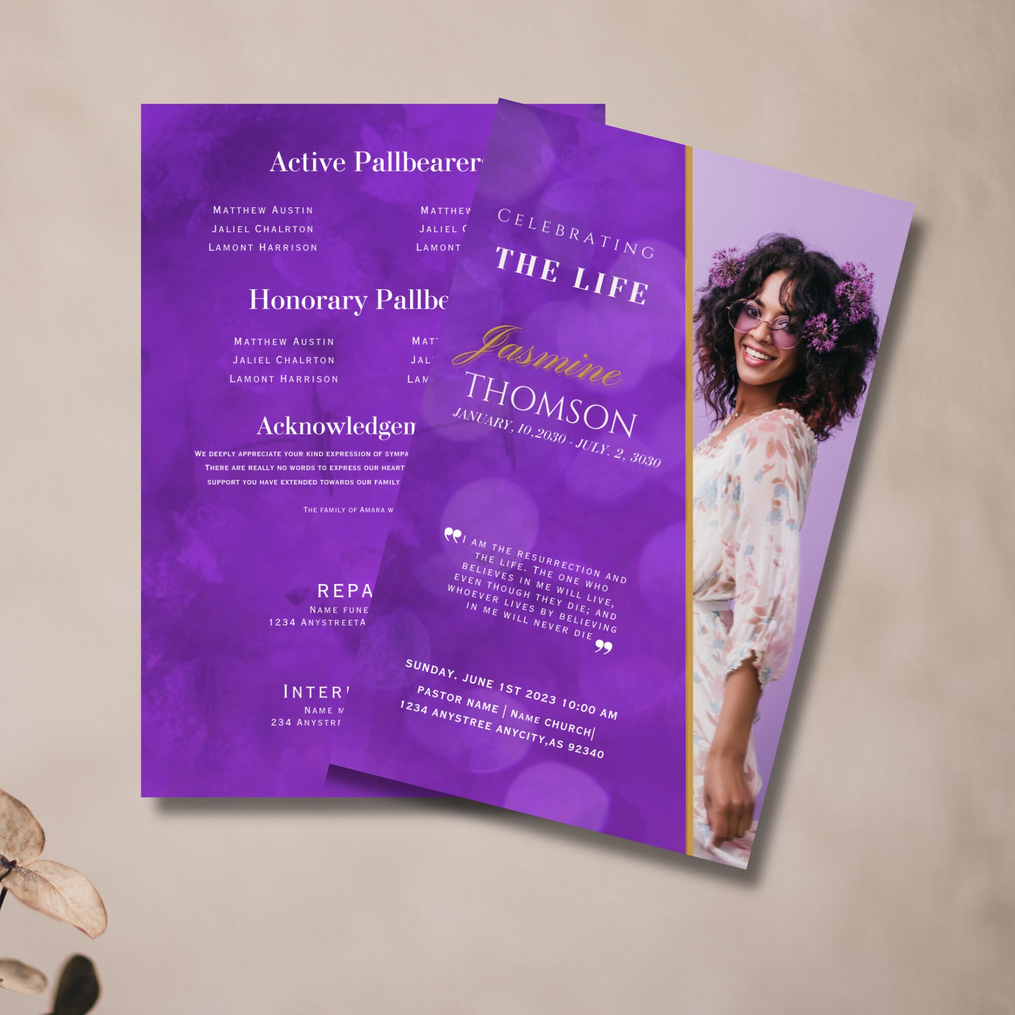 Obituary Program PURPLE Funeral Program Celebration of Life Keepsake ...