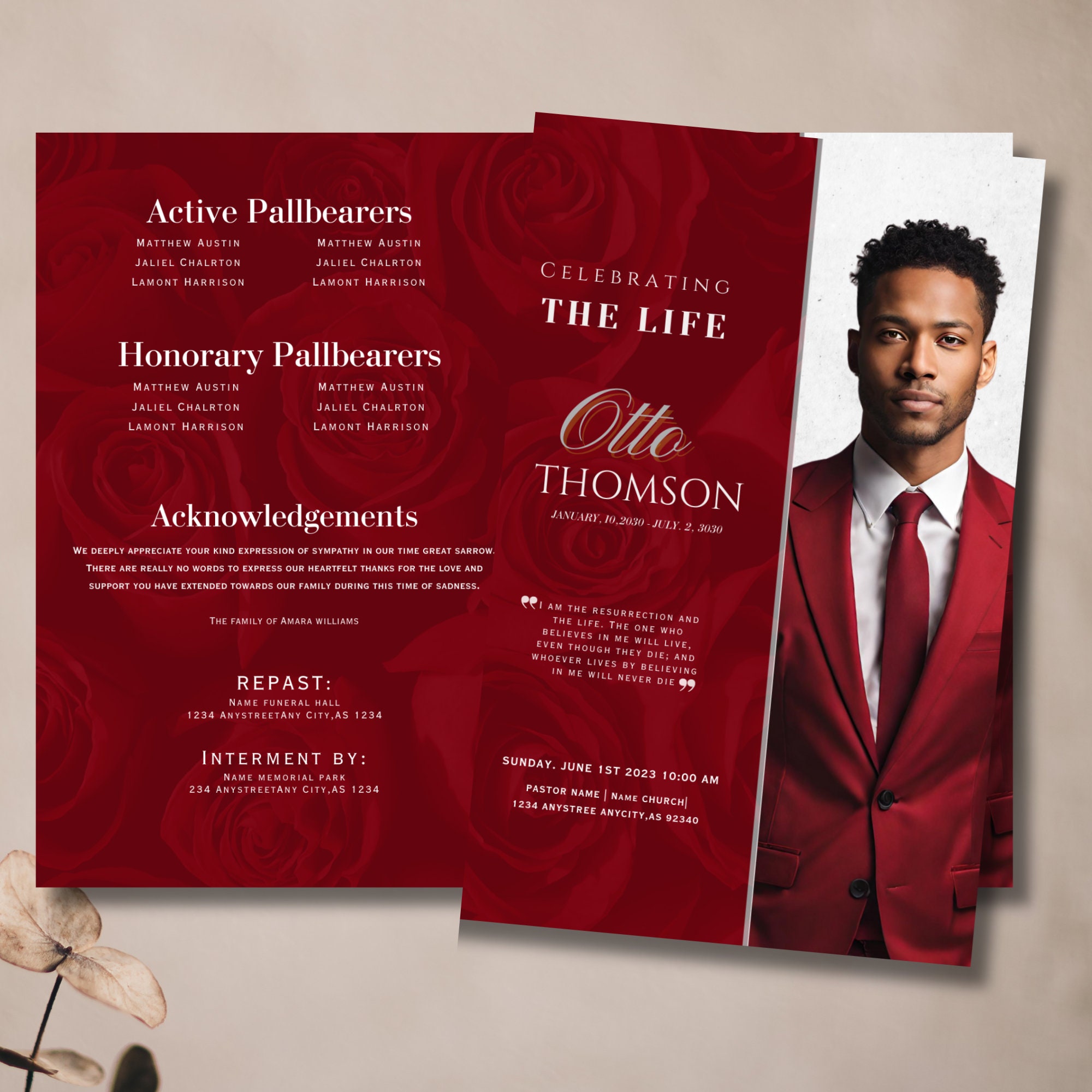 Masculine Funeral Program Template | Red Rose Obituary (canva) - Etsy