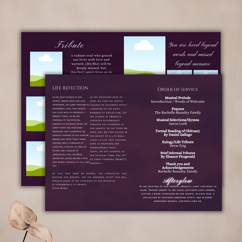 Elegant Purple Funeral Program Template – Celebration of Life, Canva ...