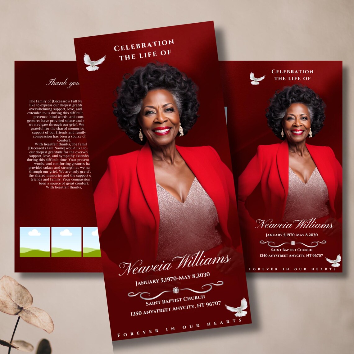 Elegant Red Funeral Program Template | Trifold Obituary (digital ...