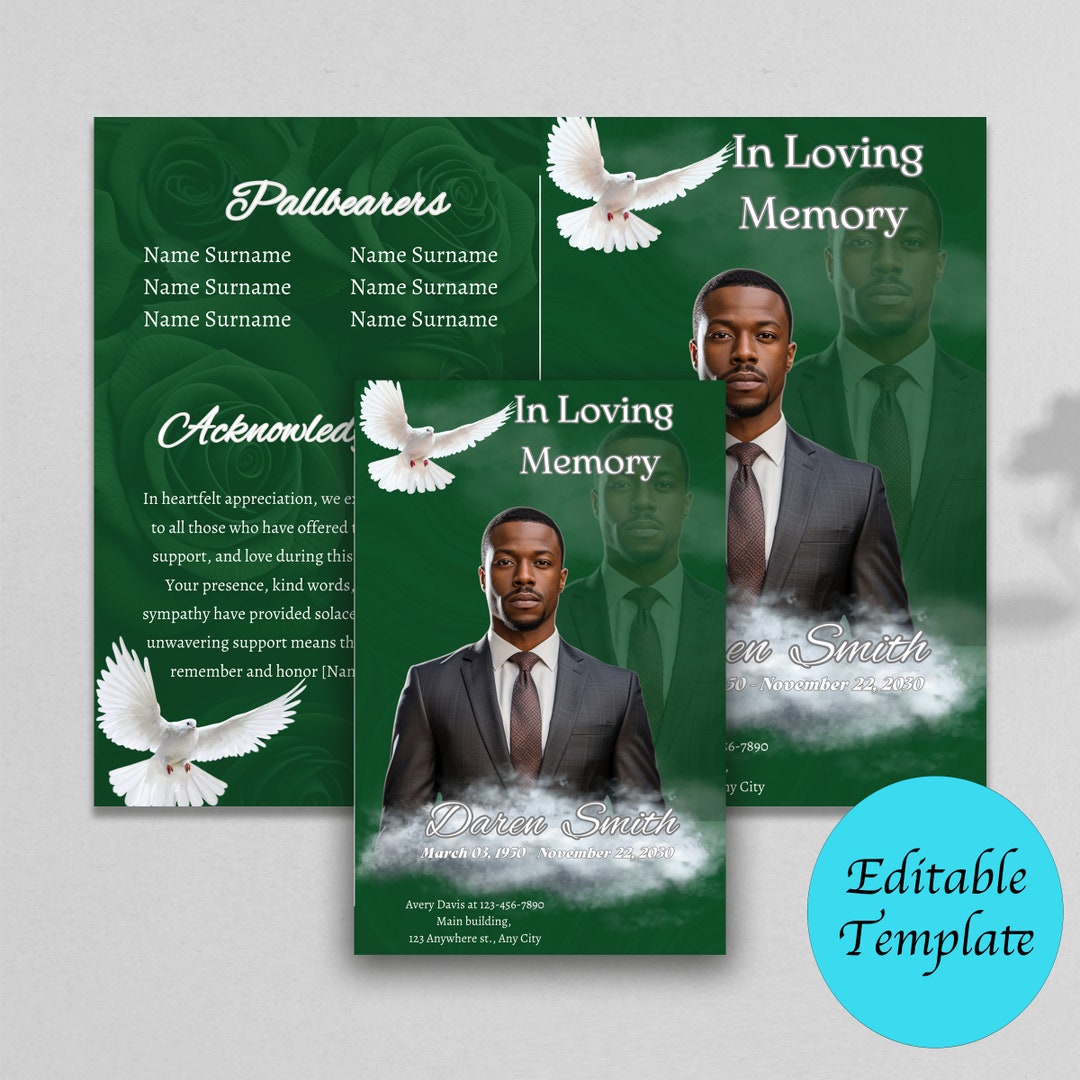 Funeral Program Masculine Funeral Program Template Greenery - Etsy