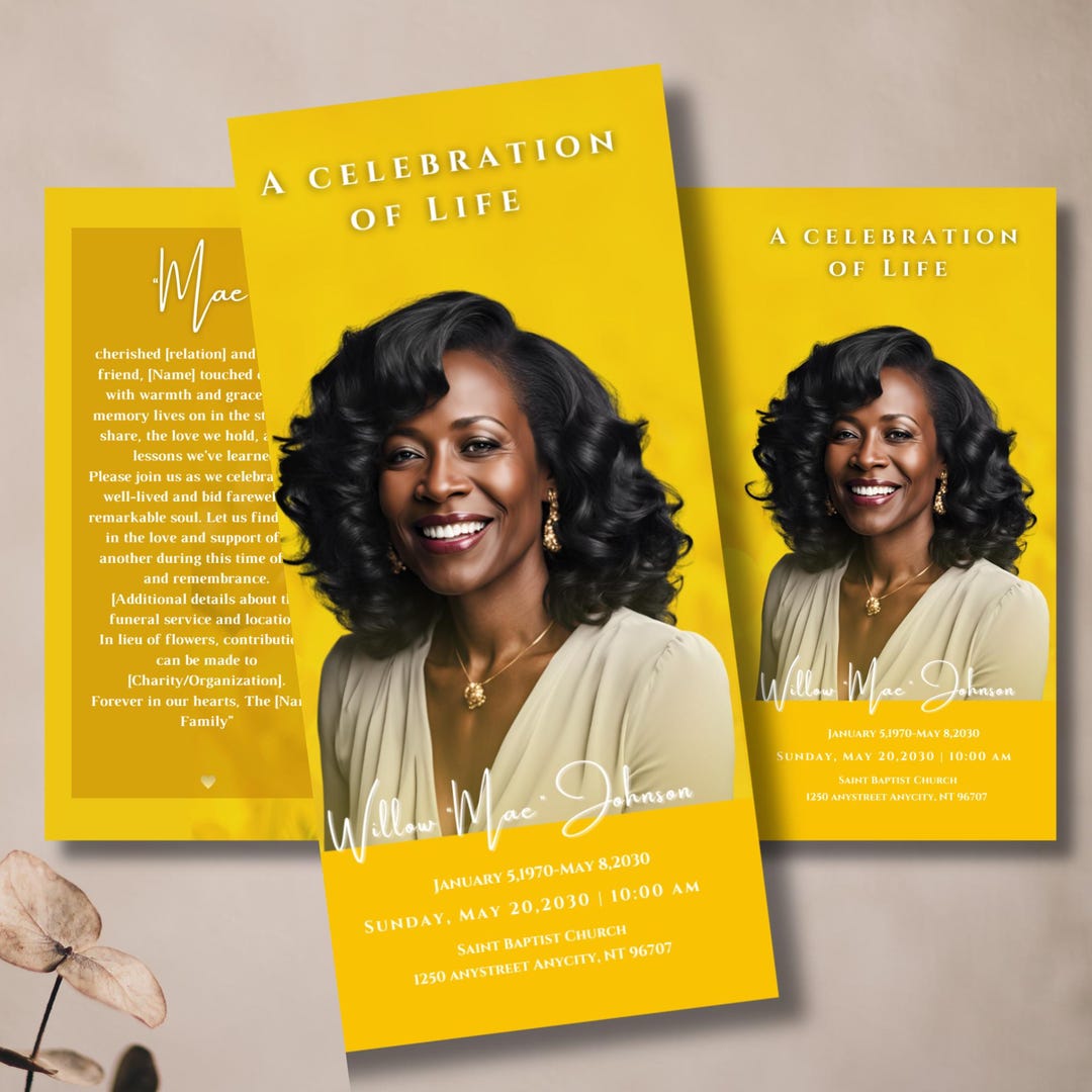 17"x11" Yellow FUNERAL OBITUARY TEMPLATE Trifold (2 Pages) |elegant ...