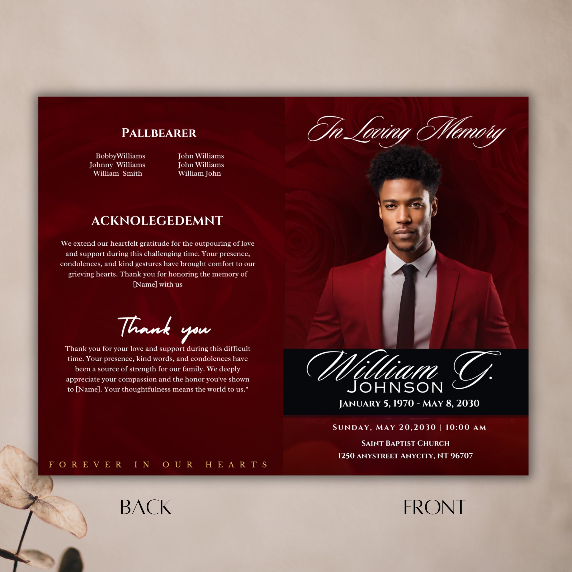 Masculine Funeral Program Template Red Rose Celebration of Life ...