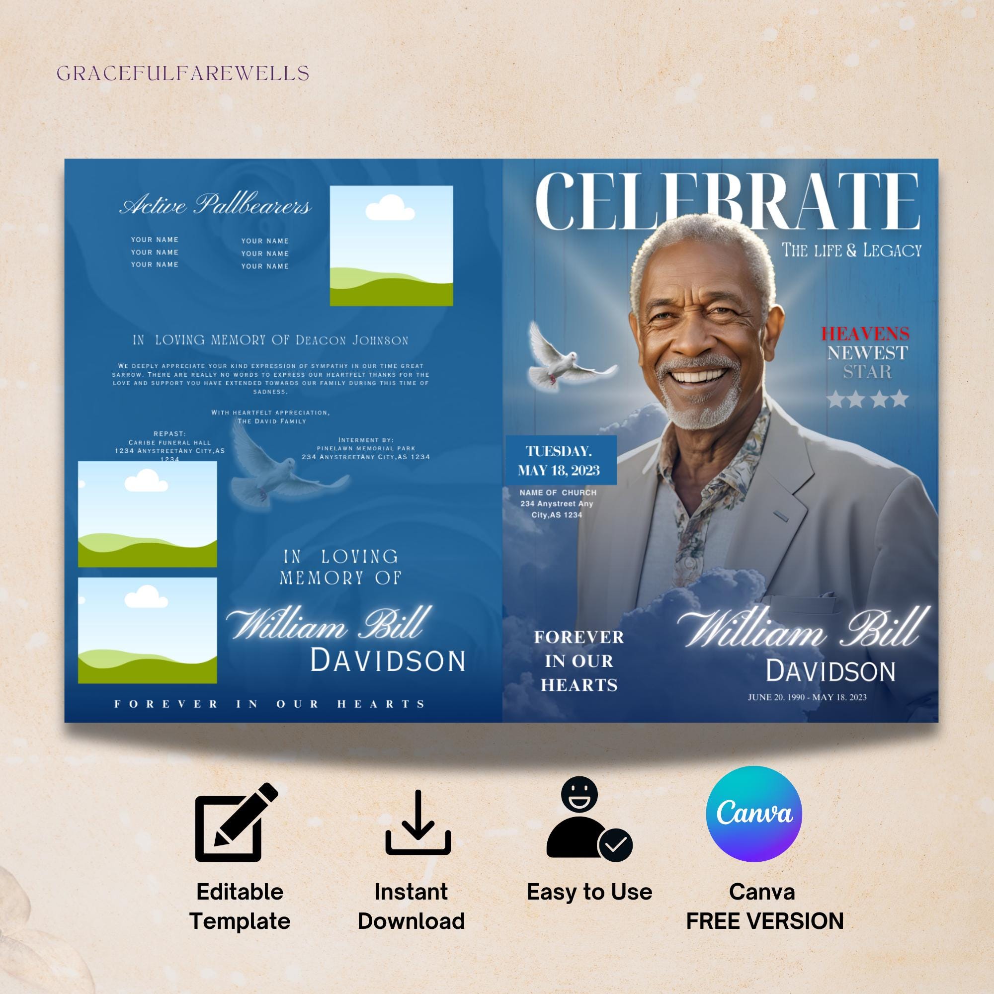 Funeral Program Booklet, Mogul Magazine Style, Canva Template (digital ...
